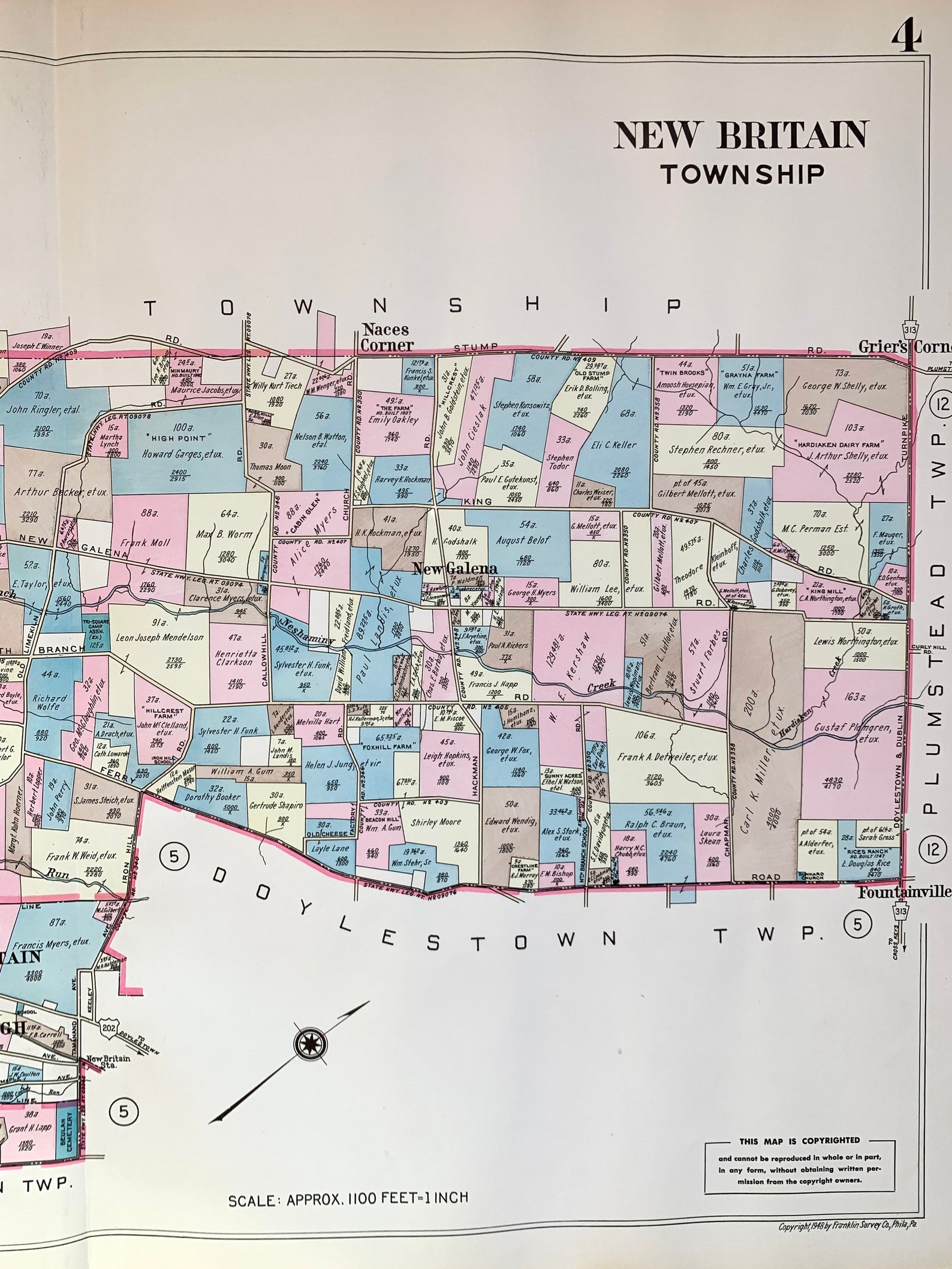 New Britain Township Map, Original 1948 Bucks County Atlas, Chalfont ...