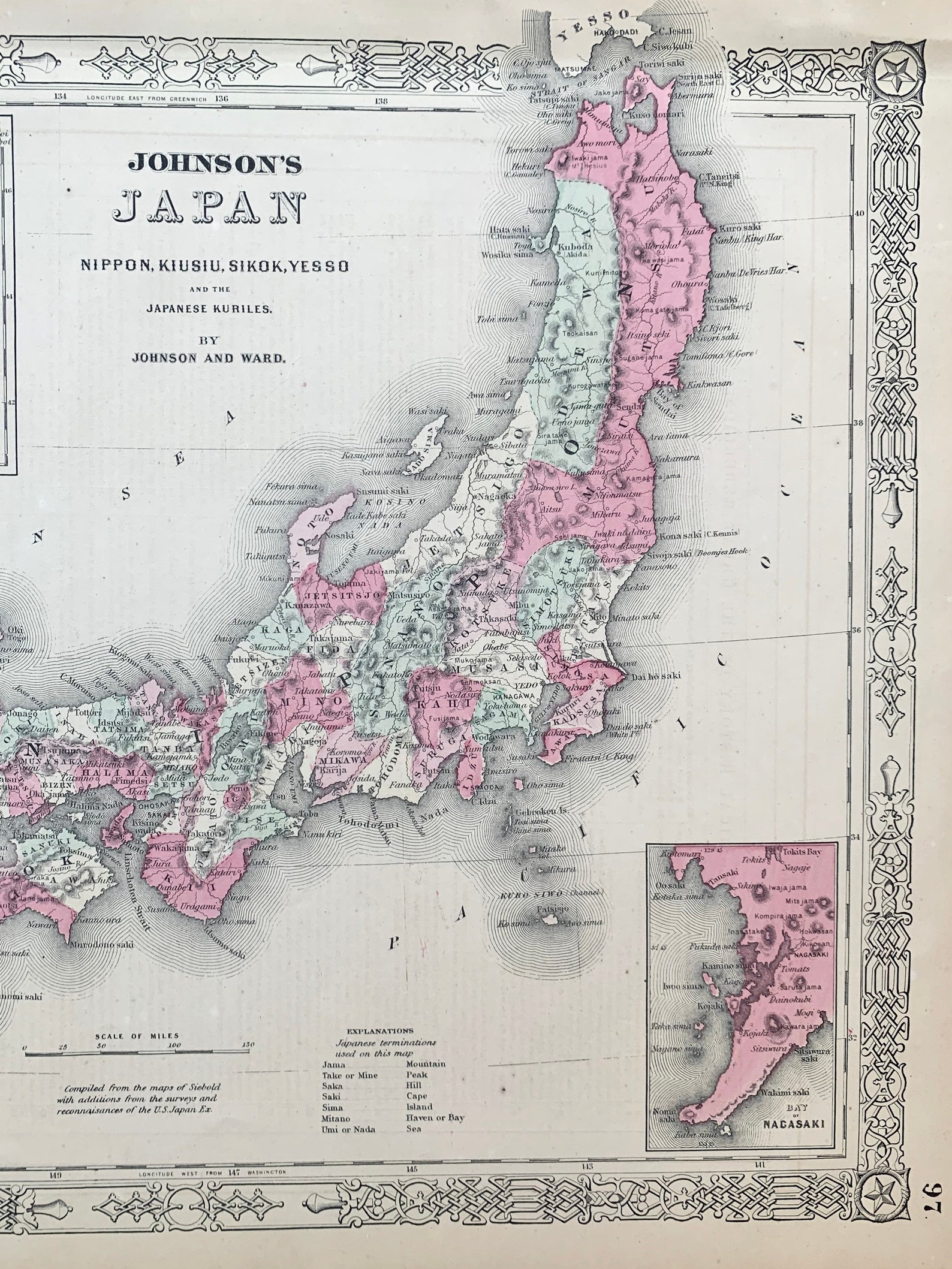 Antique Map of Japan, Original 1864 Johnsons Atlas, Hand Colored Map ...