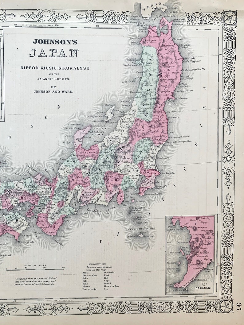 Antique Map of Japan, Original 1864 Johnsons Atlas, Hand Colored Map ...