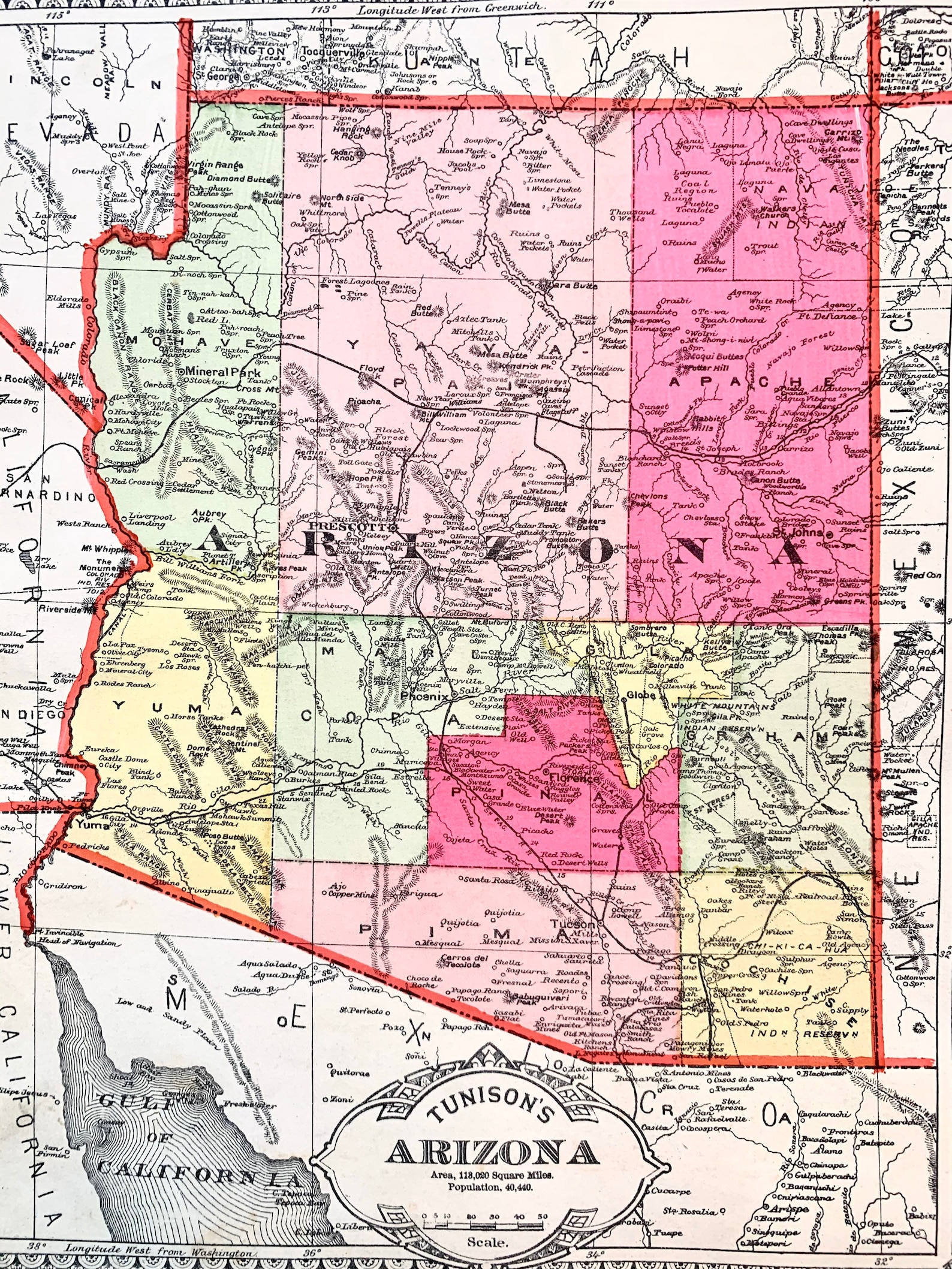 Arizona Map, Original 1889 Tunisons Atlas, State of Arizona, the Grand ...