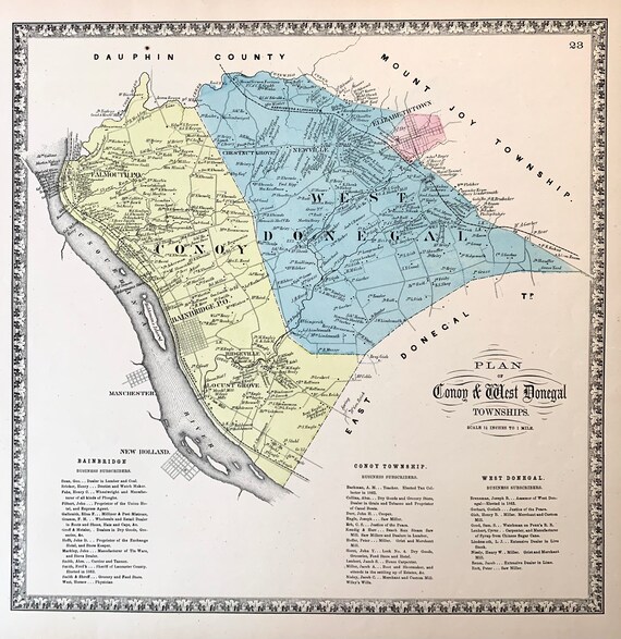 Conoy and West Donegal Township map Original 1864 Bridgens | Etsy