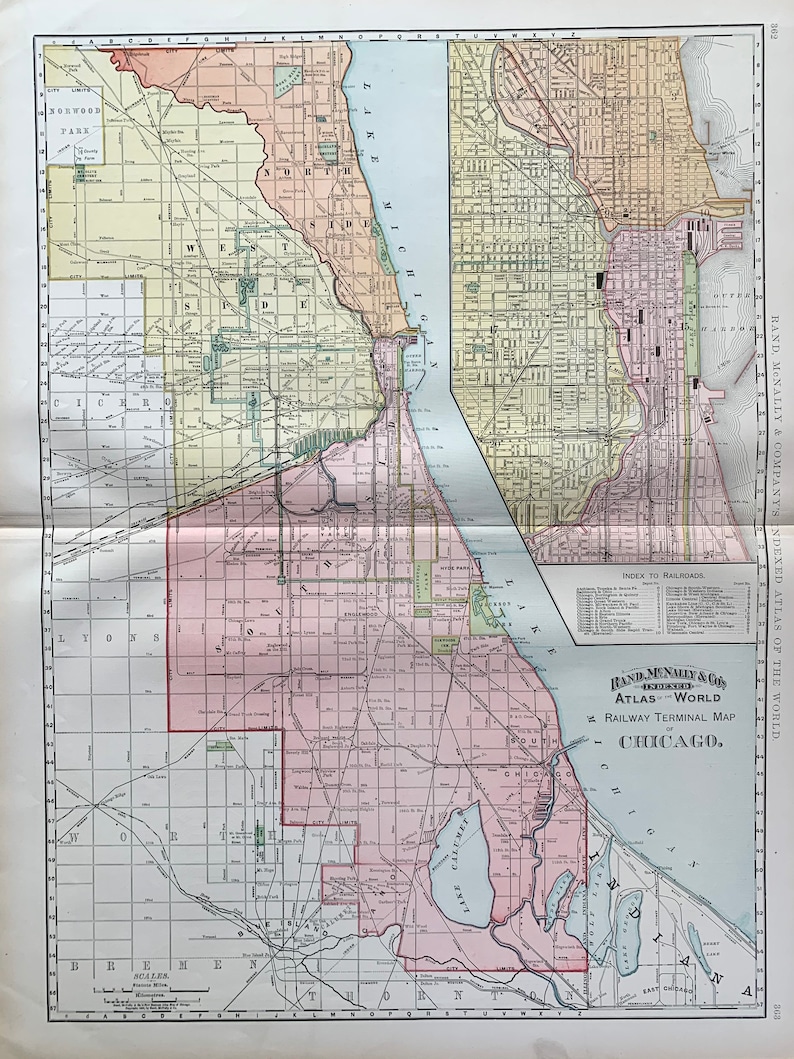 Chicago Map, Original 1895 Rand Mcnally Atlas, the Windy City, Hyde ...