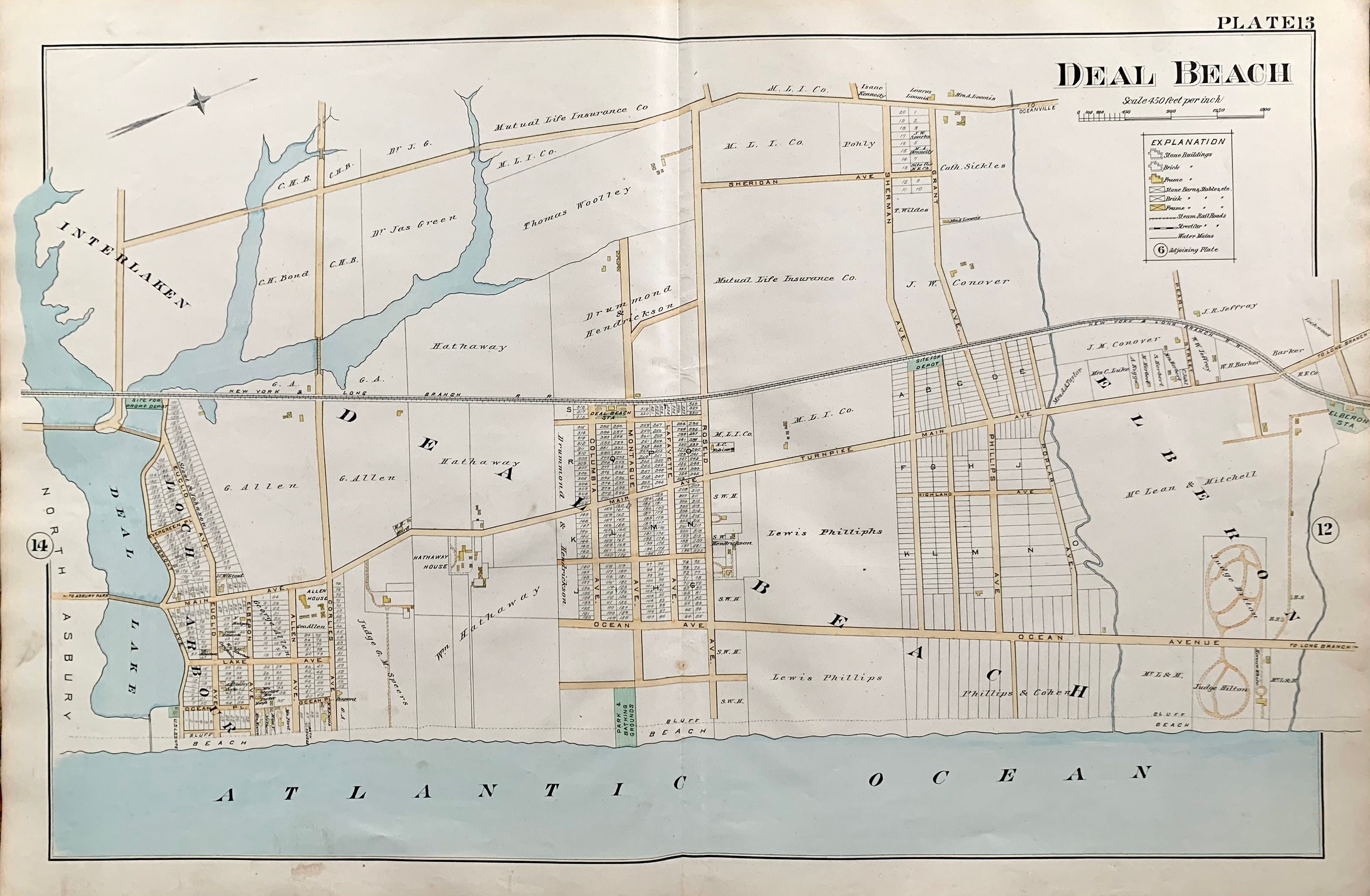 Deal Beach Map, Original 1889 Monmouth County Atlas, Elberon ...