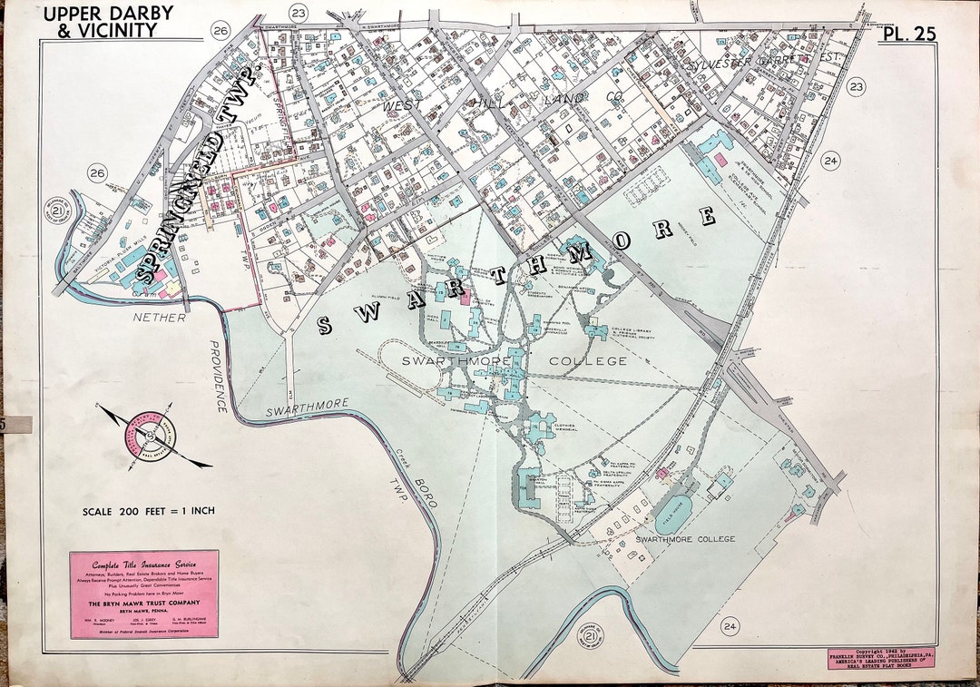 Swarthmore Map, Original 1942 Upper Darby Atlas, Springfield Township ...