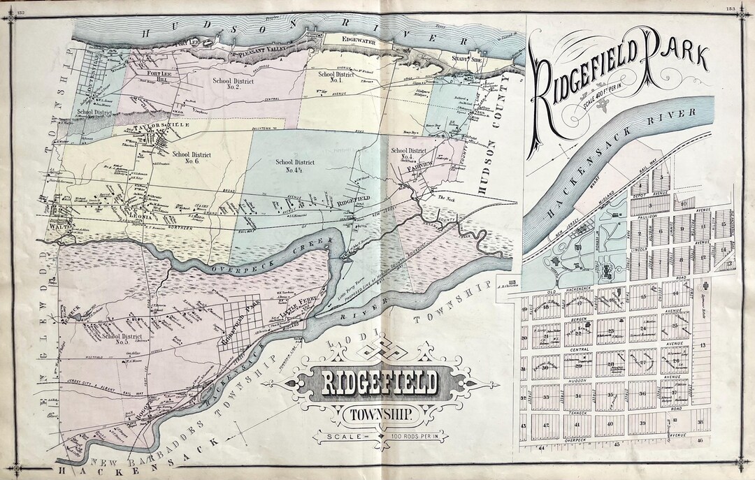 Ridgefield Township Map, Original 1876 Bergen County Atlas, Fort Lee ...