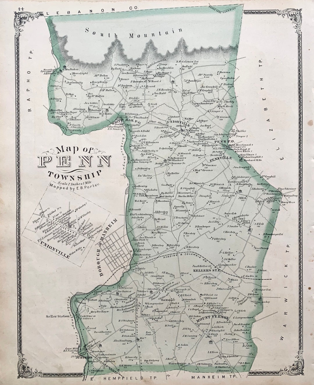 Penn Township Map, Original 1875 Lancaster County Atlas, Manheim, White ...