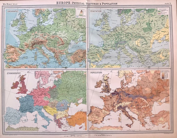 Europe Population Map Original 1922 Times Atlas Vegetation | Etsy