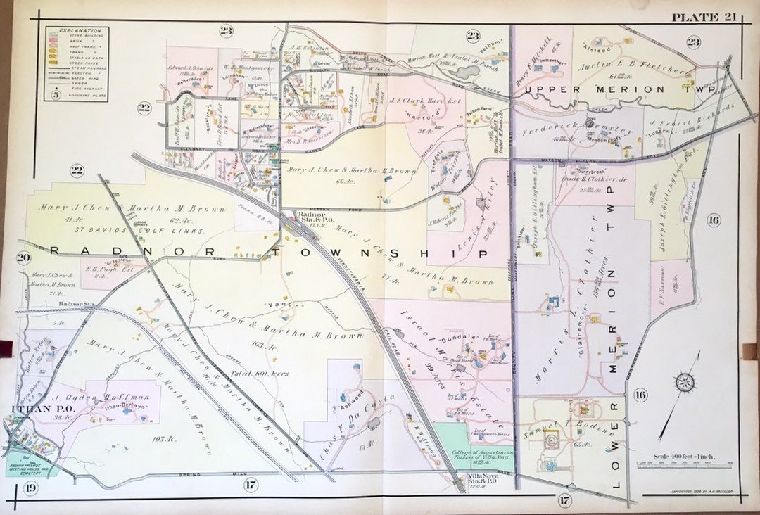 Radnor Township Map, Original 1908 Main Line Railroad Atlas, Villanova ...