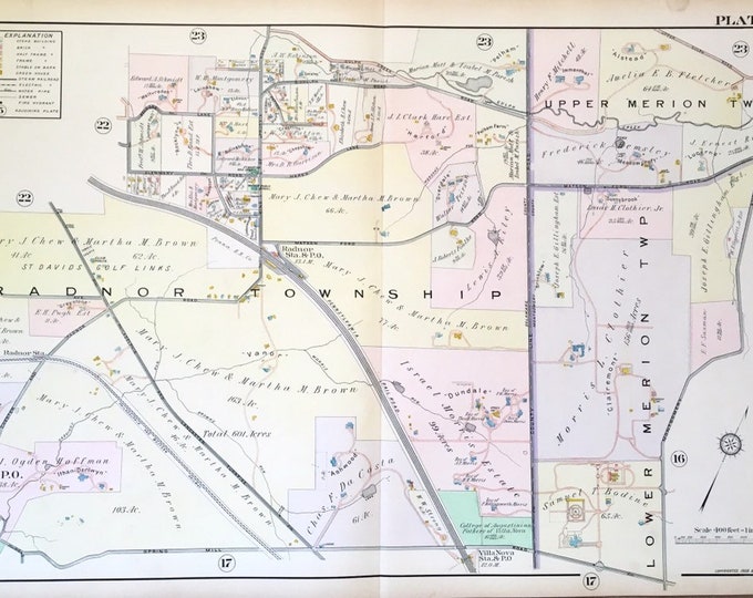 Radnor Township Map, Original 1908 Main Line Railroad Atlas, Villanova ...