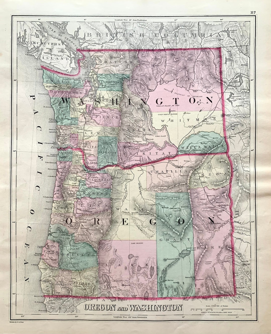 Washington State Map, Original 1874 Grays Atlas, Oregon Map, Pacific ...