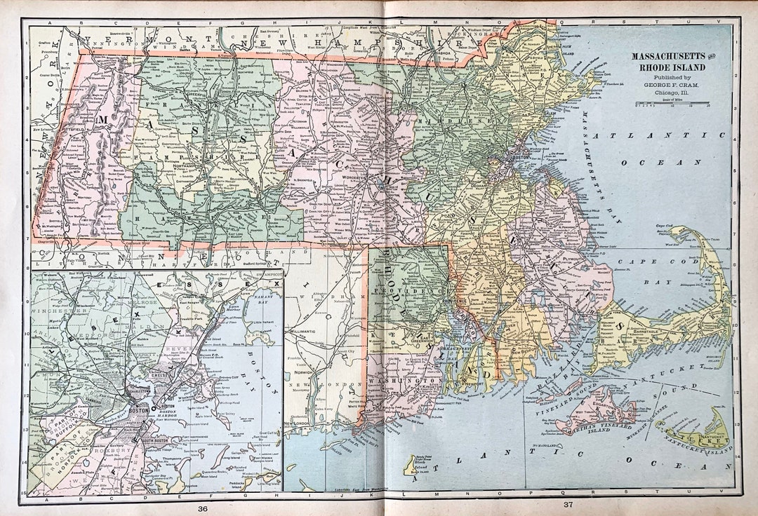 Massachusetts and Rhode Island Map, Original 1901 Crams Atlas Map ...