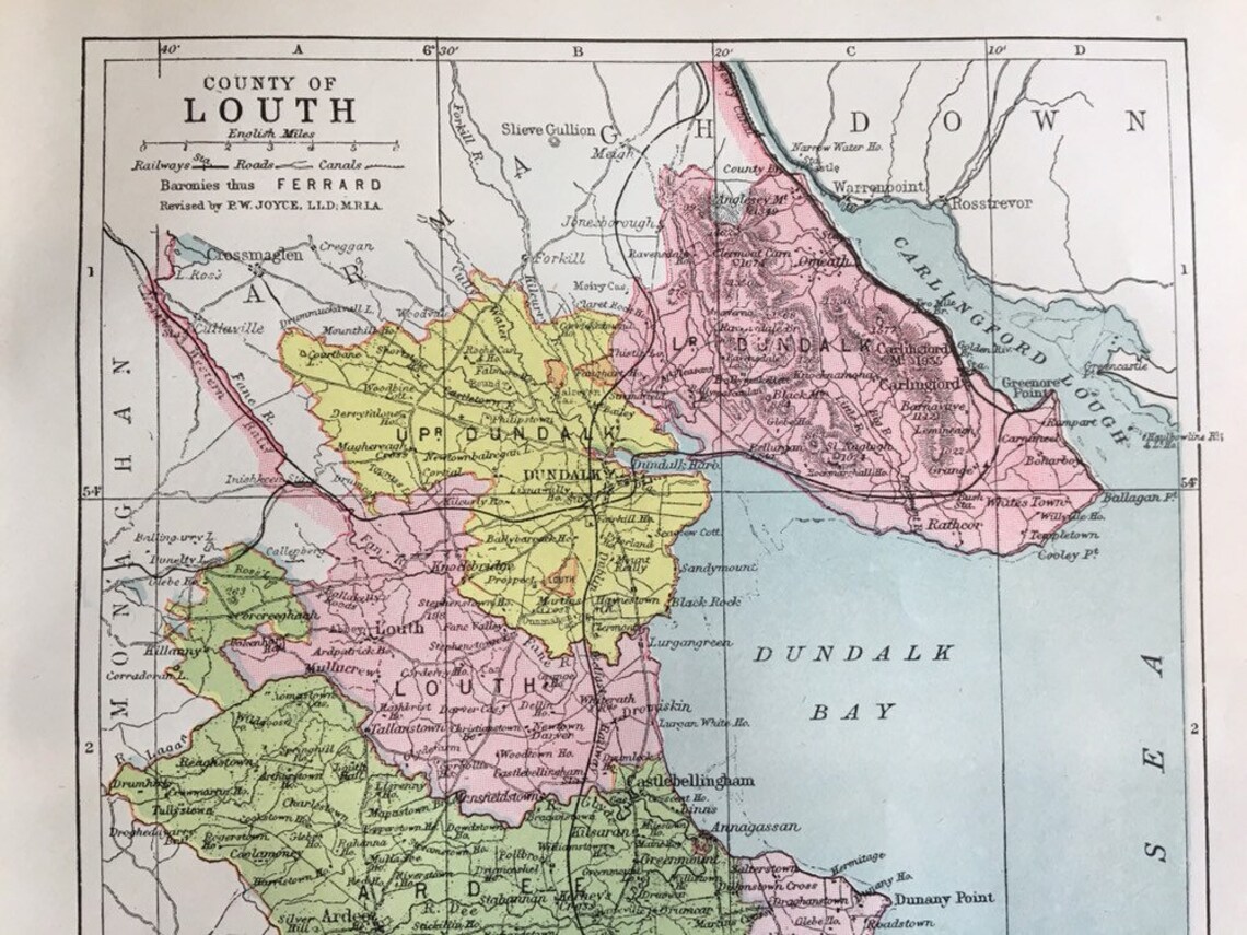 County of Louth, Original 1900 Ireland Atlas Map, Dundalk Bay, Irish ...