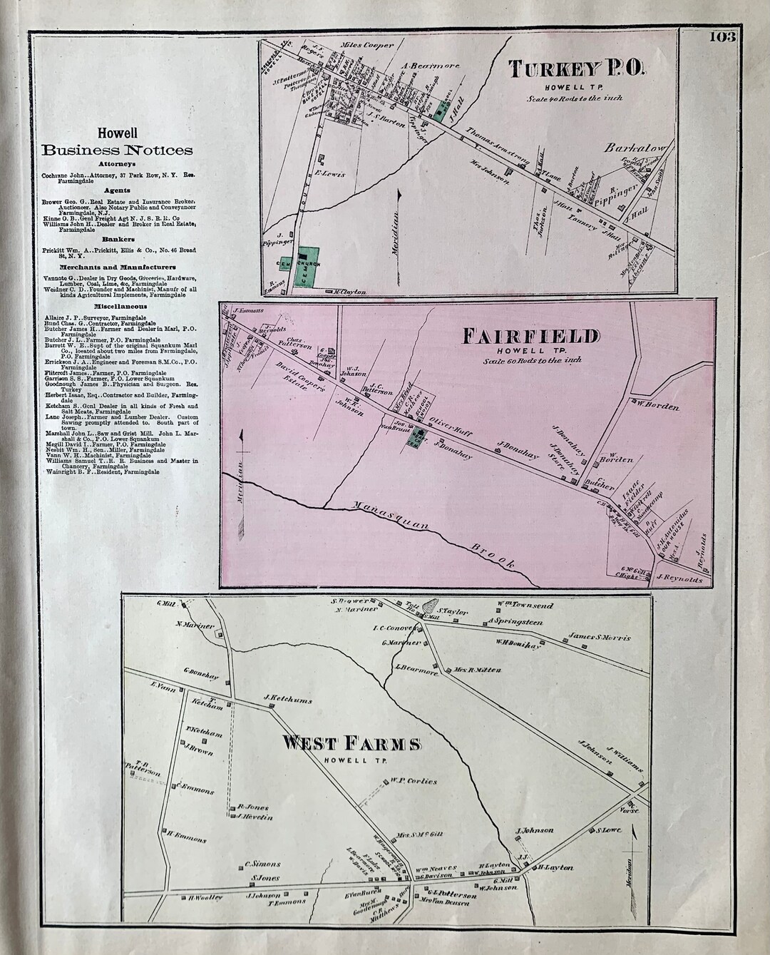 Howell Township Map, Original 1873 Monmouth County, New Jersey Atlas ...