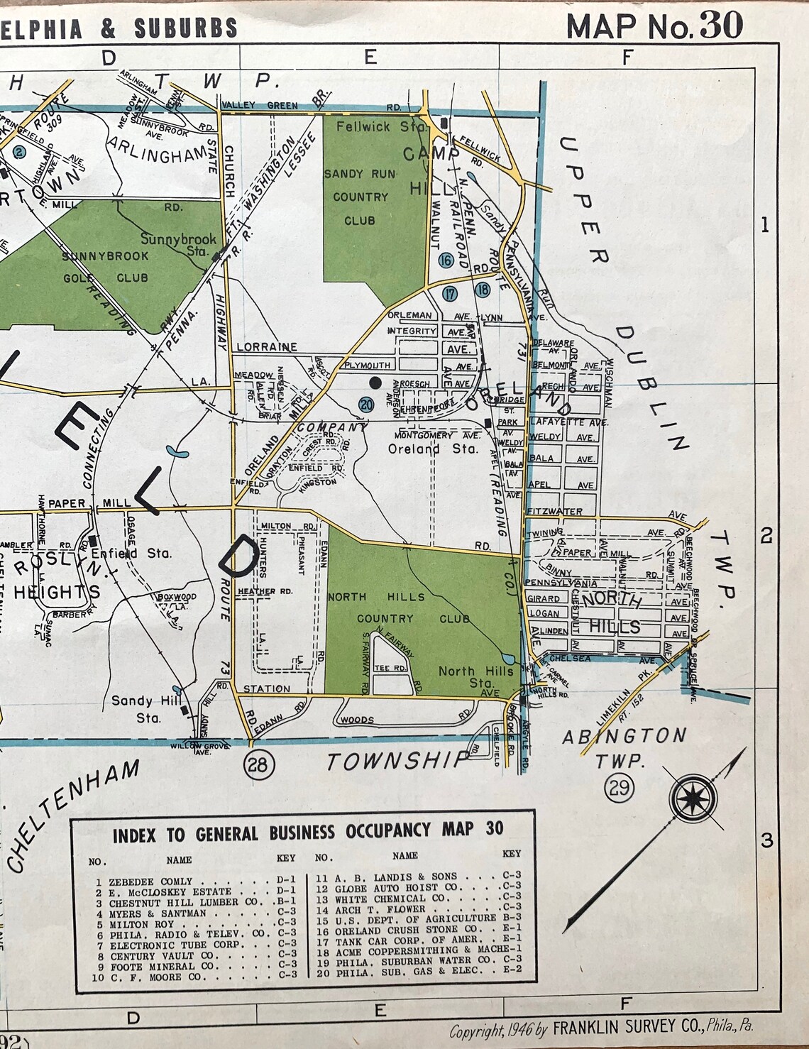 Flourtown Map, Original 1946 Franklin Survey Map, Springfield, Morris ...