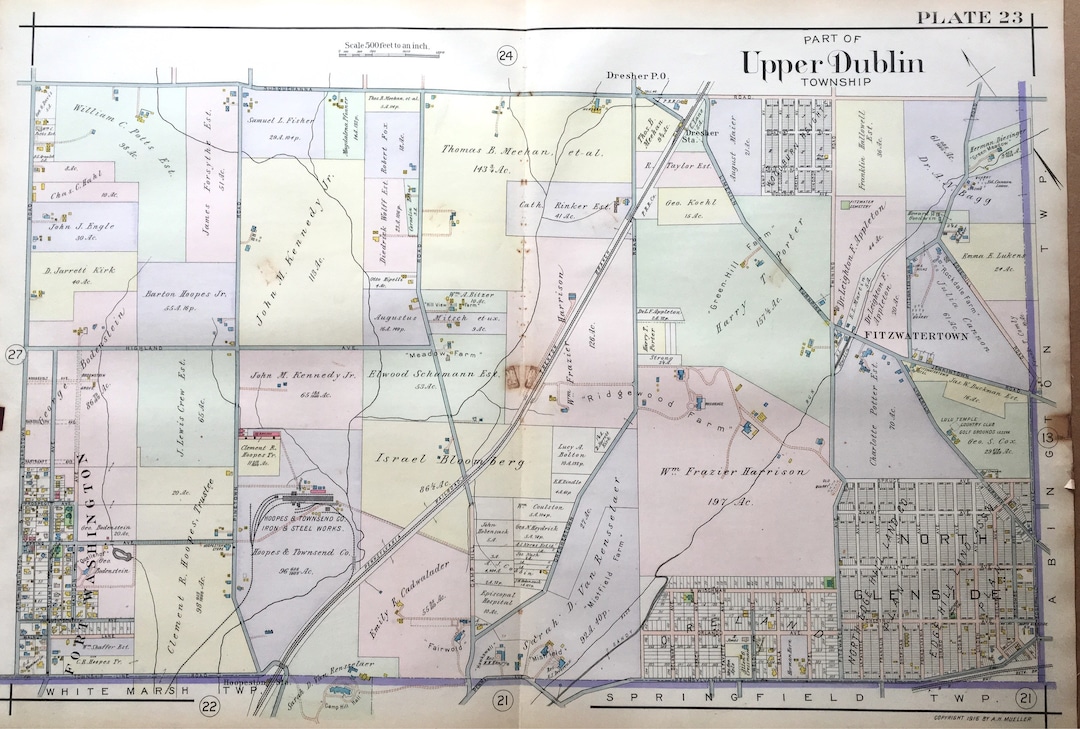 Upper Dublin Map, Original 1916 North Penn Atlas, Fort Washington ...