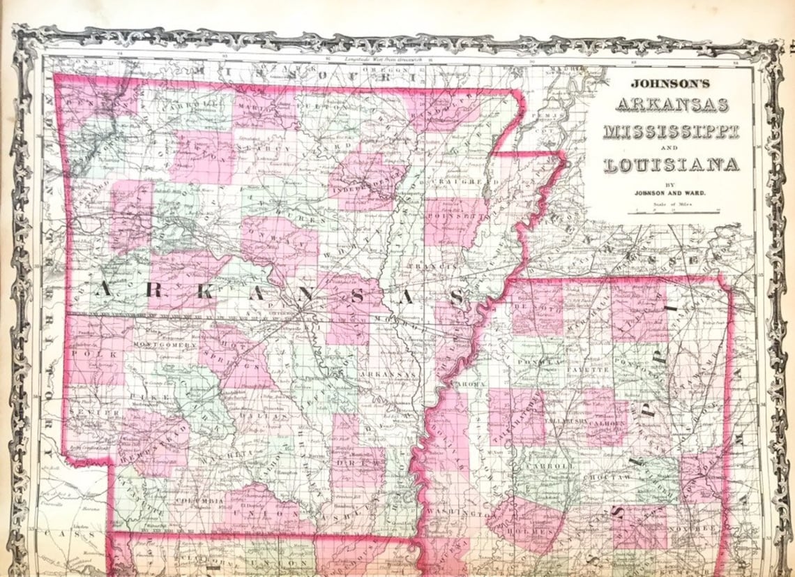 Arkansas, Mississippi, and Louisiana Map, Original 1863 Johnsons Atlas ...