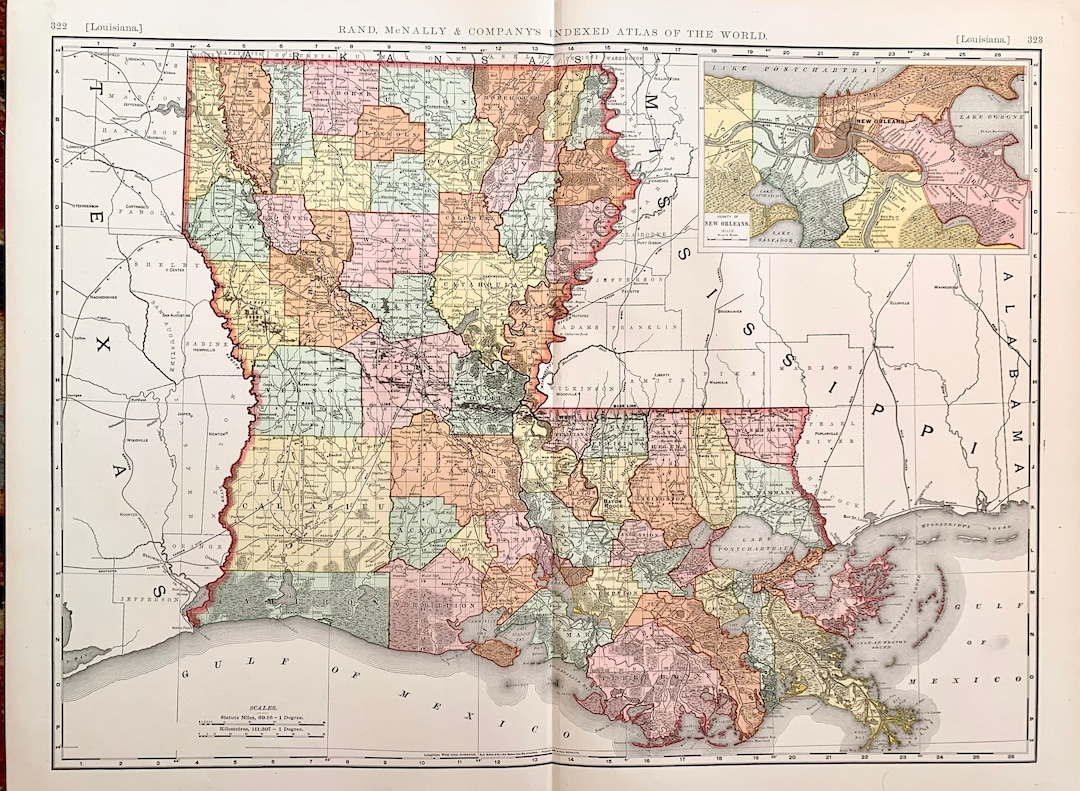 Louisiana Map, Original 1897 Rand Mcnally Atlas, New Orleans, Pelican ...