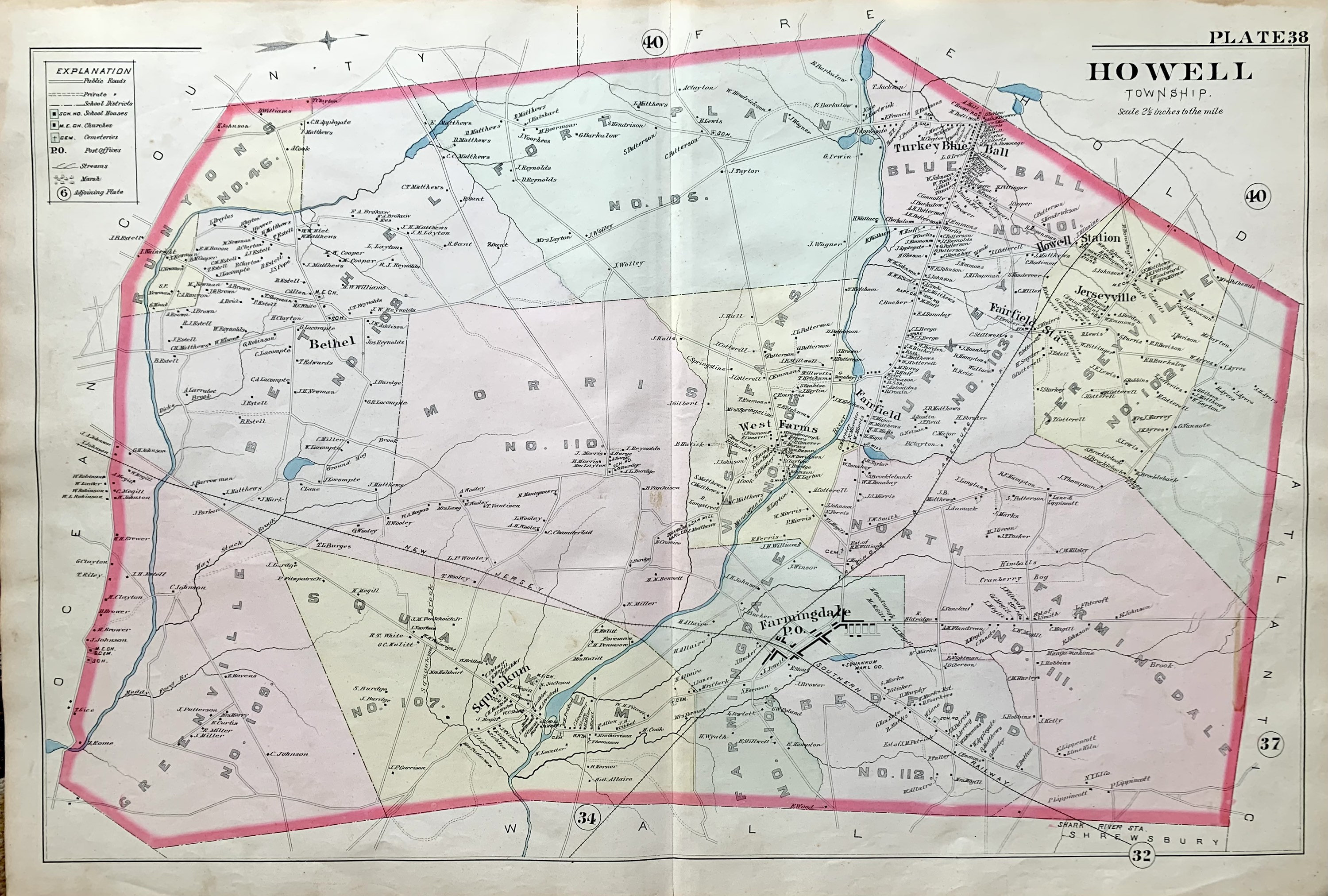 Howell Township Map, Original 1889 Monmouth County Atlas, Farmingdale ...