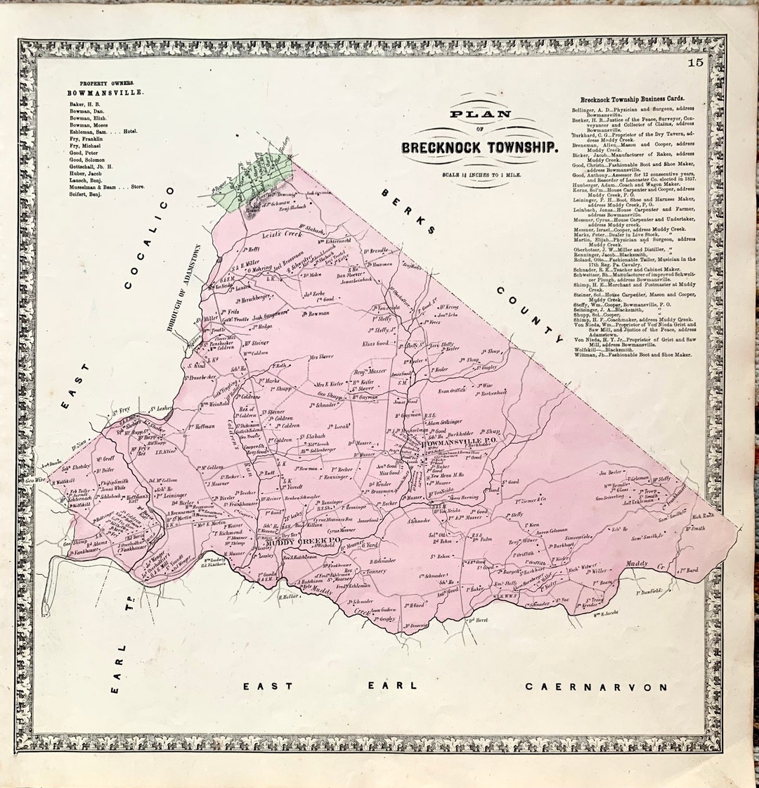 Brecknock Township Map, Original 1864 Lancaster County Atlas, Adamstown ...