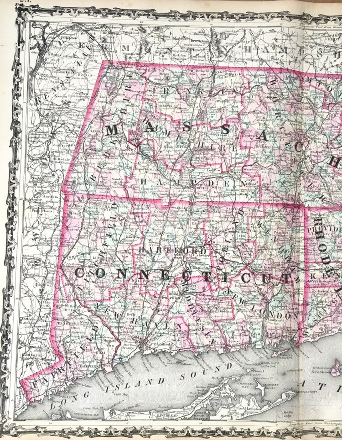 Massachusetts, Connecticut and Rhode Island Map, Original 1863 Johnsons ...