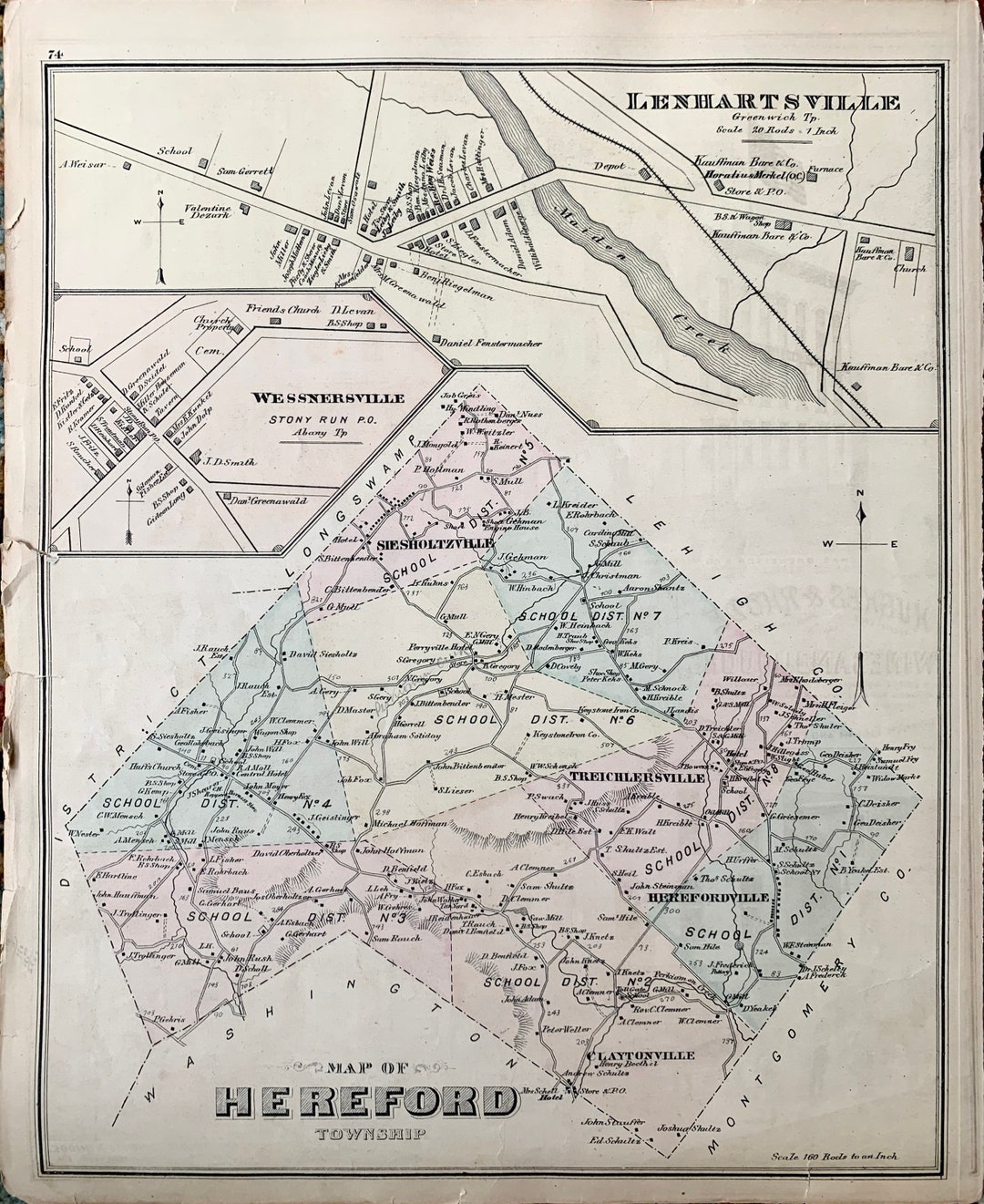 Hereford Township Map, Original 1876 Berks County Pennsylvania Atlas ...
