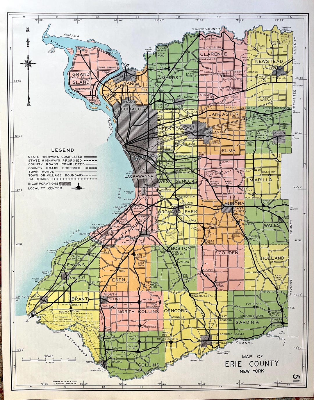 Erie County Map, Original 1941 New York State Atlas, Buffalo, Orchard ...