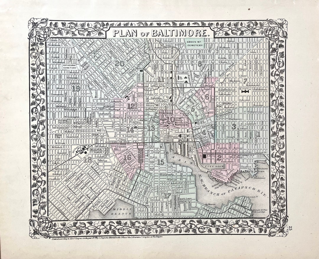 Plan of Baltimore Map, Original 1874 Mitchells Atlas, Baltimore ...