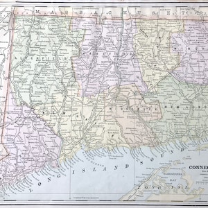 Antique Connecticut Map, Original 1895 Cram’s Atlas Map, Long Island ...