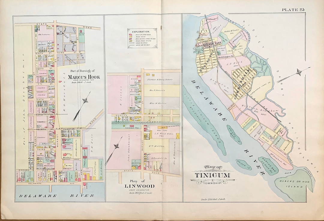 Tinicum Township Map, Marcus Hook Map, Original 1892 Delaware County ...