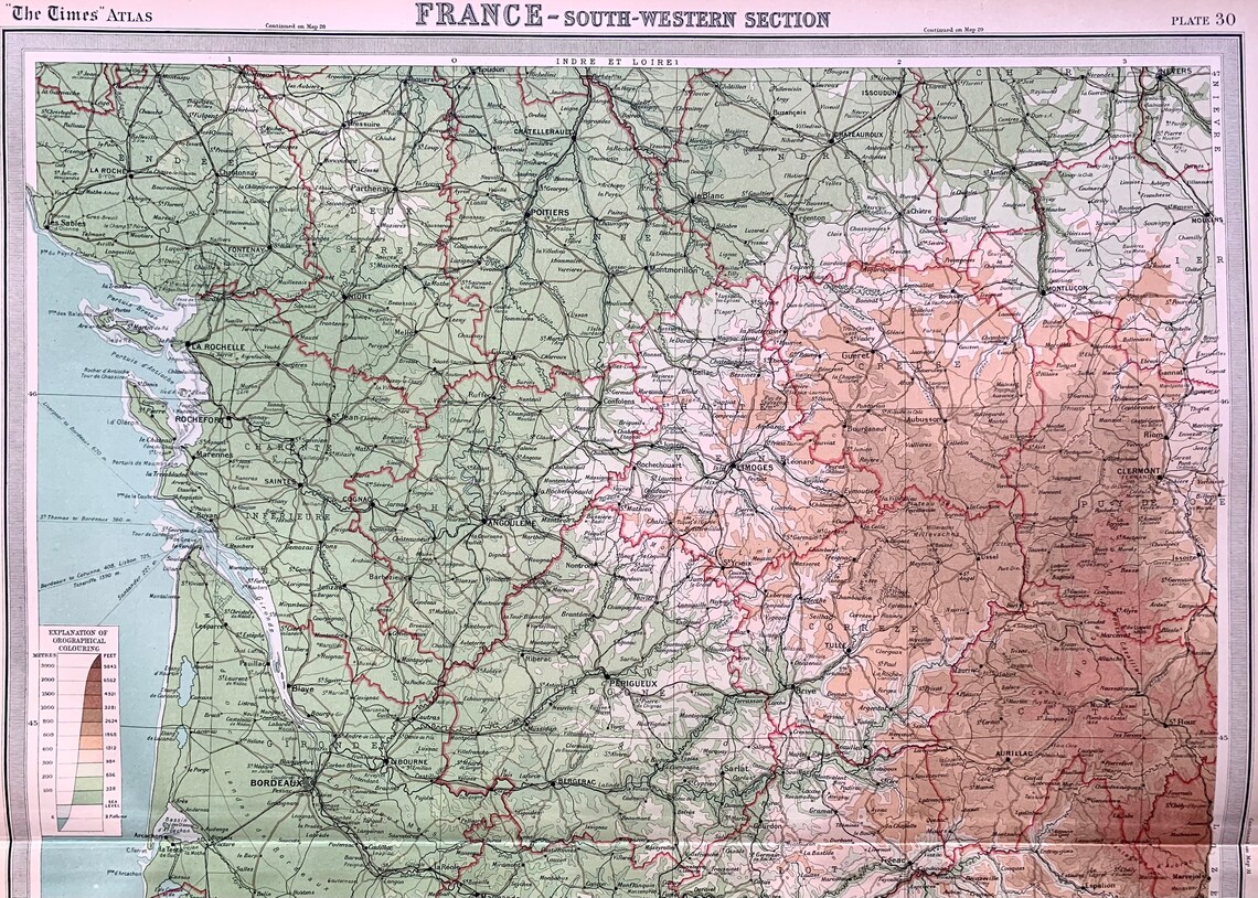 France Map, Original 1922 Times Atlas, South Western France, Bordeaux ...