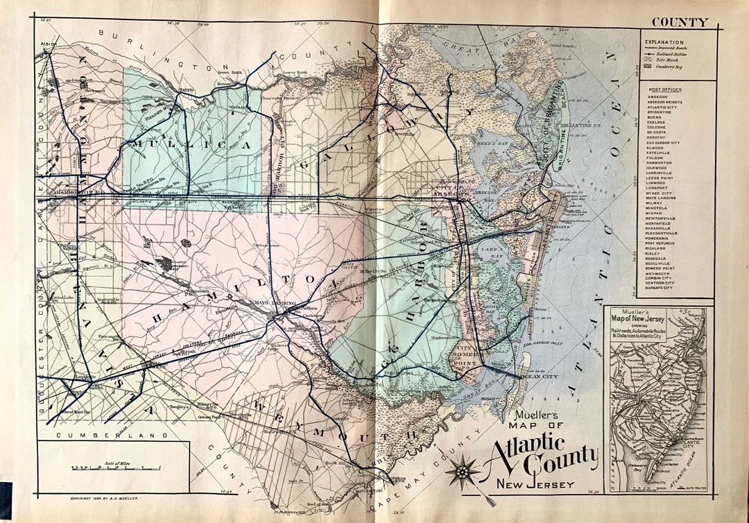 Atlantic County Map, Original 1924 Absecon Island Atlas, Margate ...
