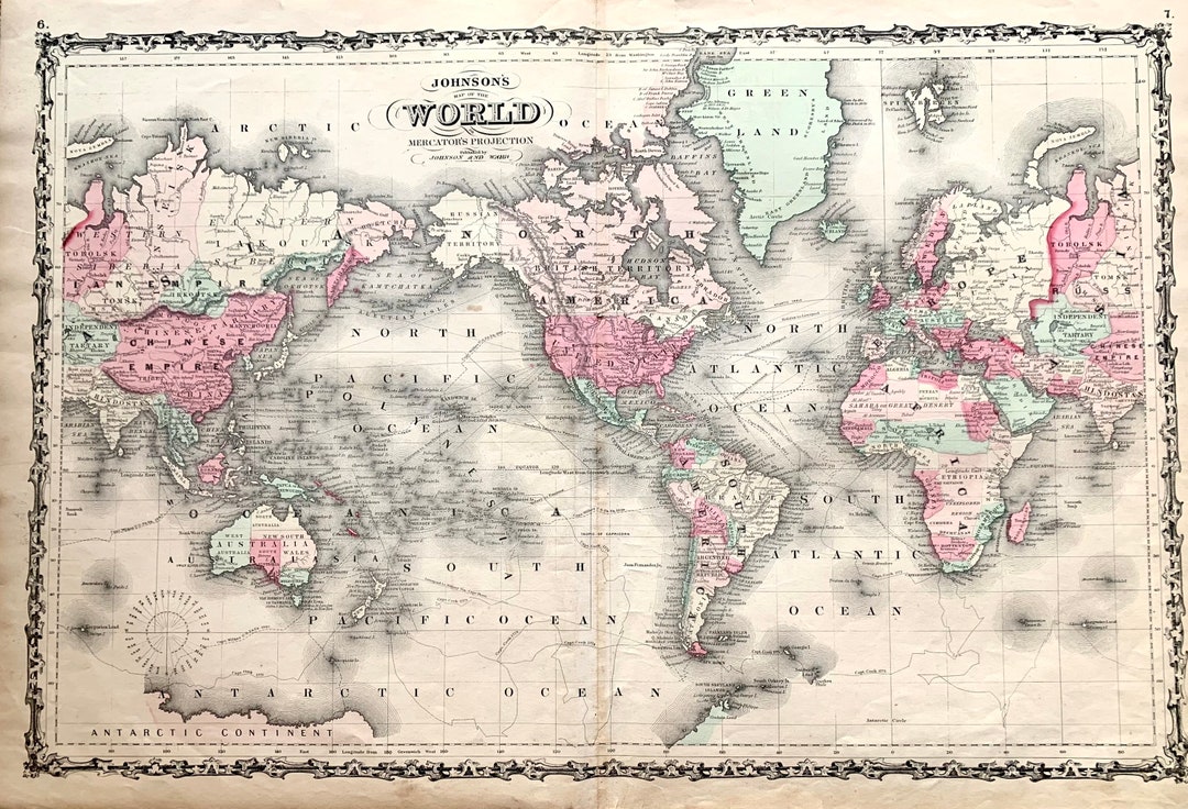 Map of the World, Original 1863 Johnson and Ward Atlas, Mercators ...