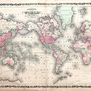 Map of the World, Original 1863 Johnson and Ward Atlas, Mercators ...