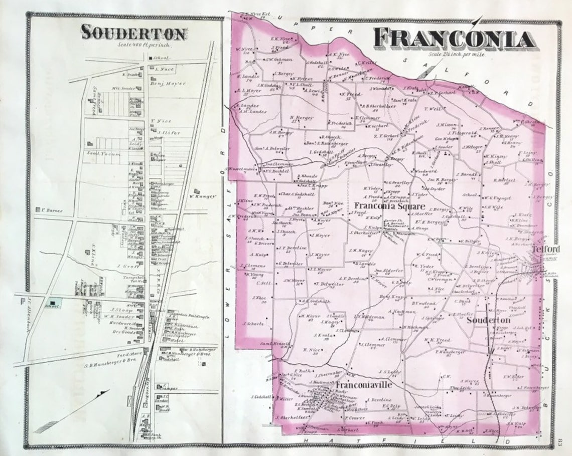 Franconia Township Map Original 1877 Montgomery County - Etsy