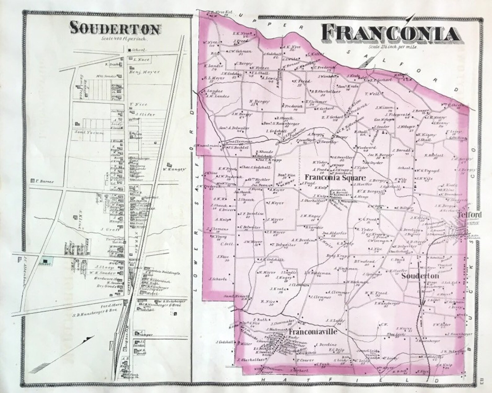 Franconia Township Map, Original 1877 Montgomery County Pennsylvania ...