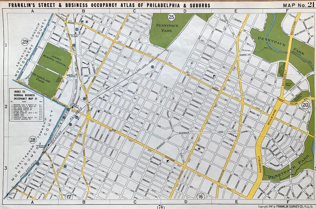 Mapa de Rhawnhurst, mapa original del Atlas de Filadelfia de Franklins ...