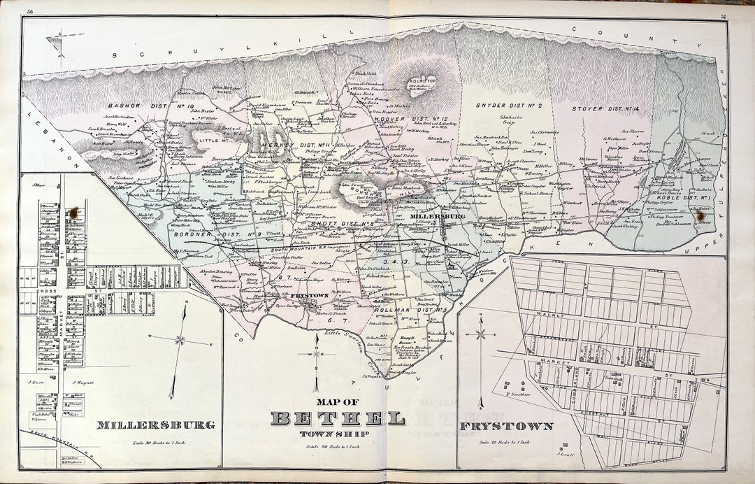 Bethel Township Map, Original 1876 Berks County Pennsylvania Atlas ...
