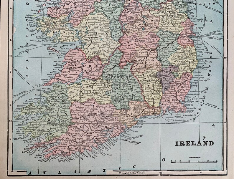 Ireland Map, Original 1895 Crams Atlas, Dublin, Galway, Cork - Etsy Ireland Map, Original 1895 Crams Atlas, Dublin, Galway, Cork - Etsy