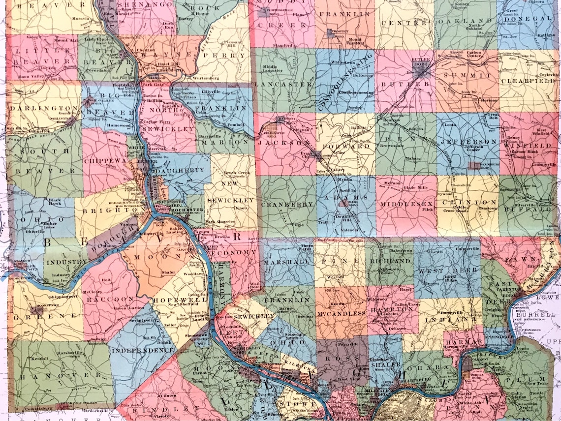 Allegheny County Map Original 1900 State of Pennsylvania - Etsy
