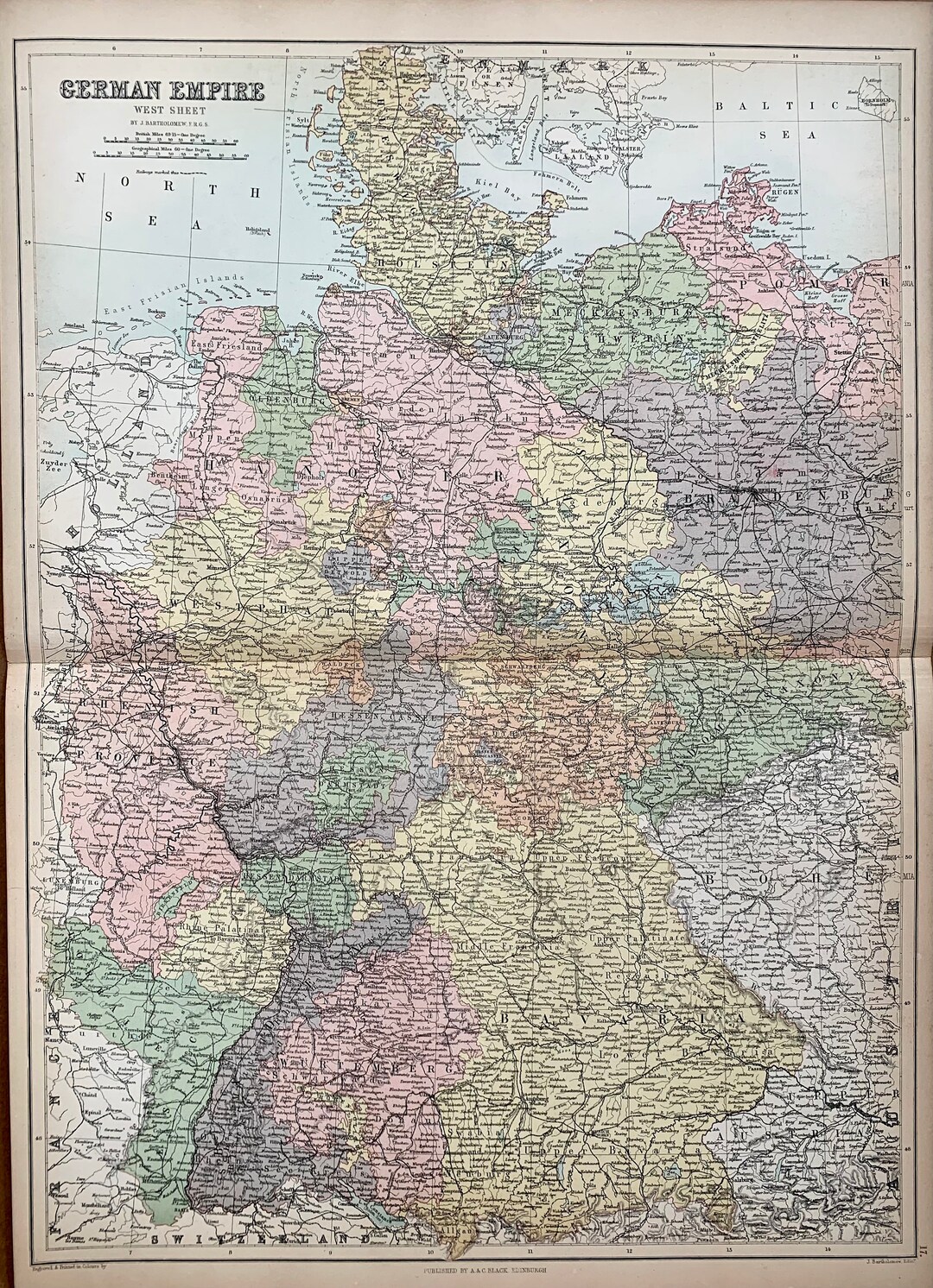 German Empire Map, Original 1875 Blacks Atlas, West Germany, Bavaria - Etsy