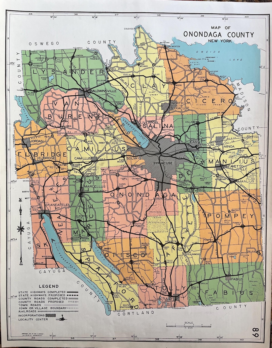 Onondaga County Map, Original 1941 New York State Atlas, Syracuse ...
