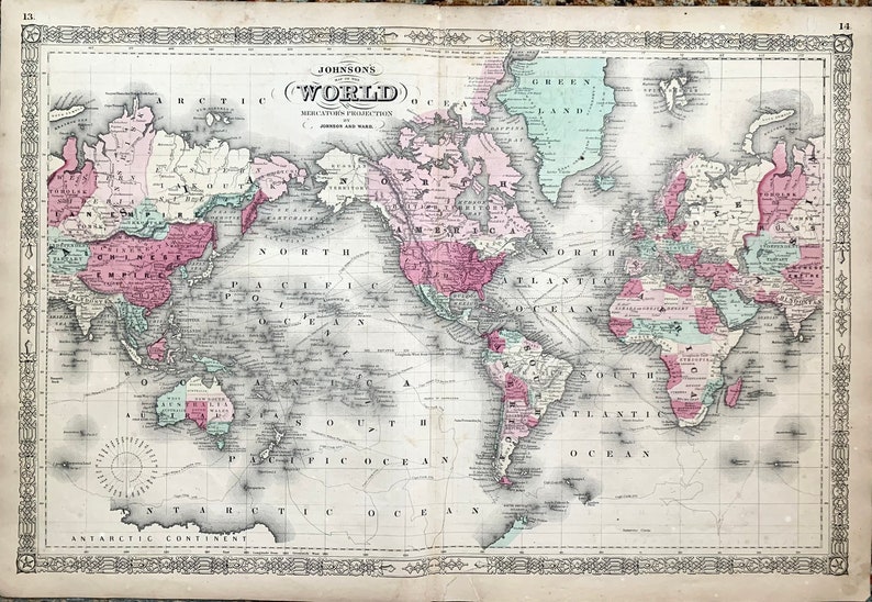Antique Map of the World Original 1864 Johnsons Atlas - Etsy