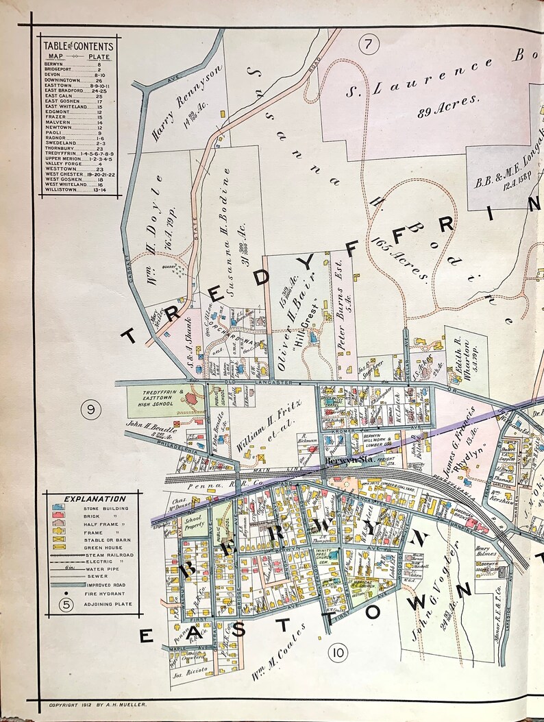Berwyn Map, Original 1912 Pennsylvania Main Line Railroad Atlas, Devon ...