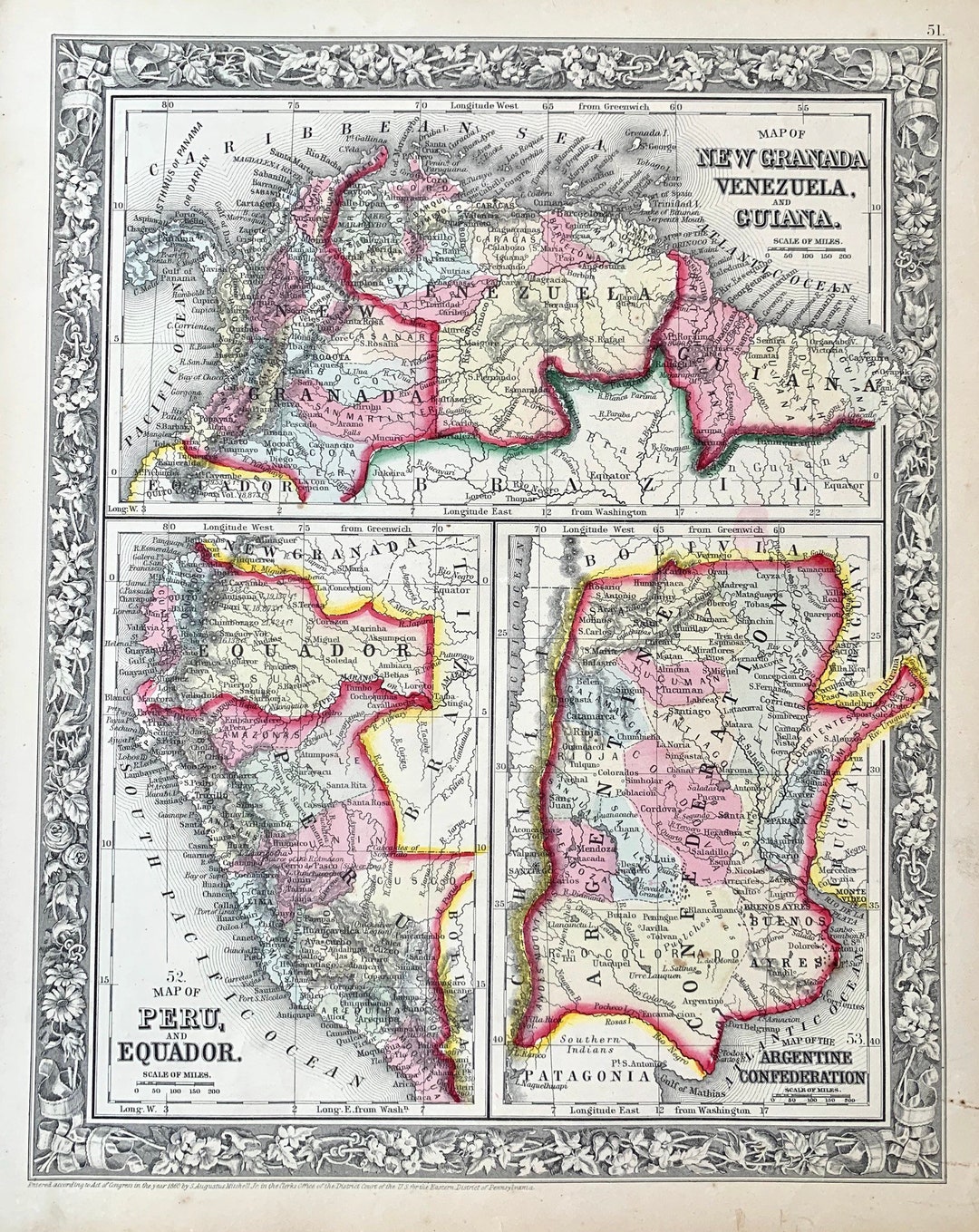 Venezuela Map, Original 1862 Mitchells Atlas, Guiana, Argentine, New ...