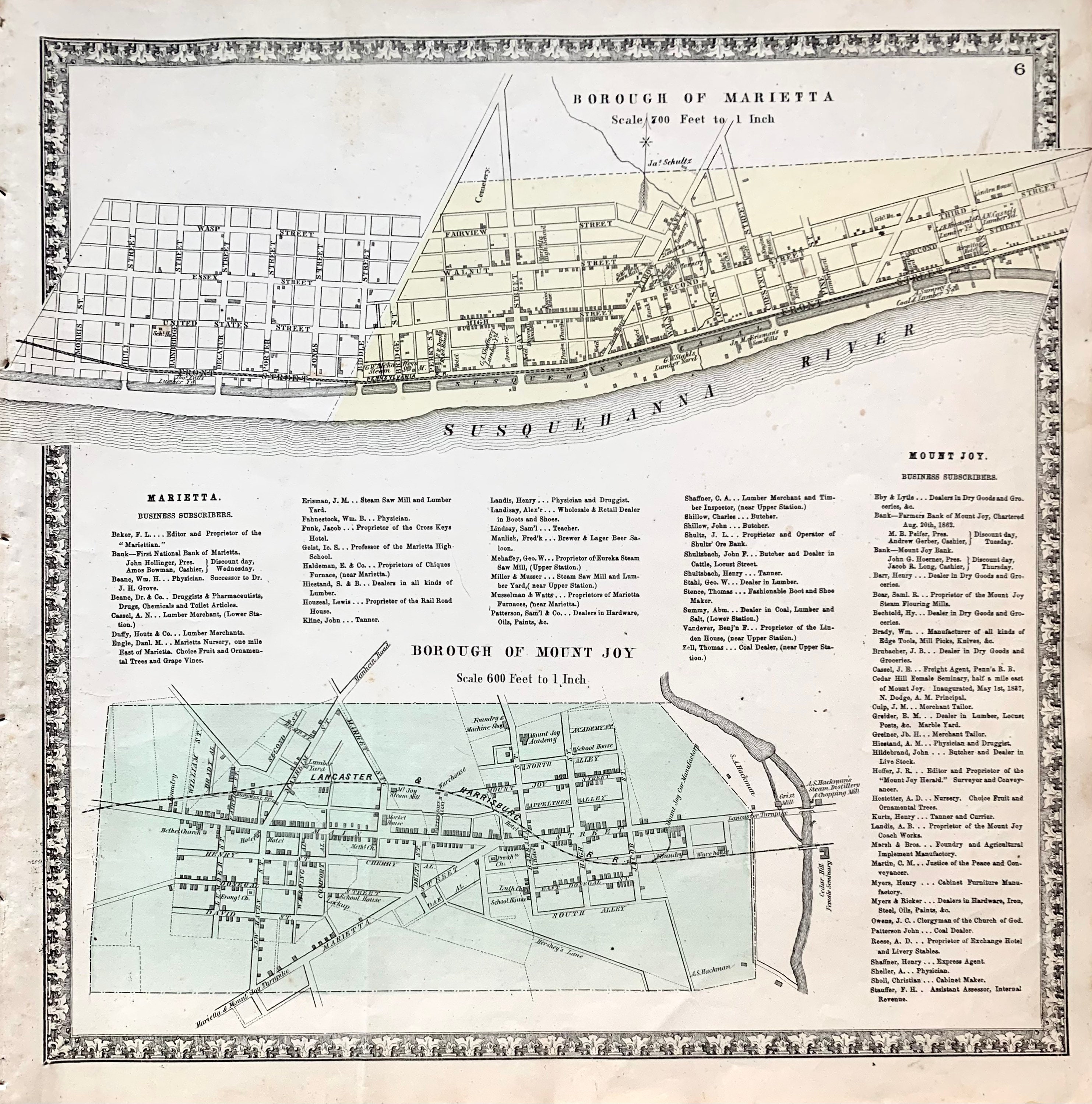 Borough of Marietta Map, Original 1864 Bridgens Lancaster County Atlas ...