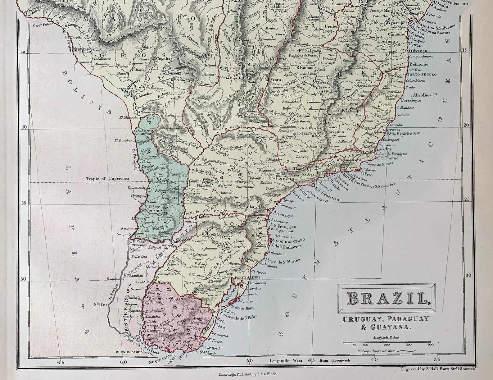 Antique Brazil Map, Original 1875 Blacks Atlas, Uruguay, Paraguay ...