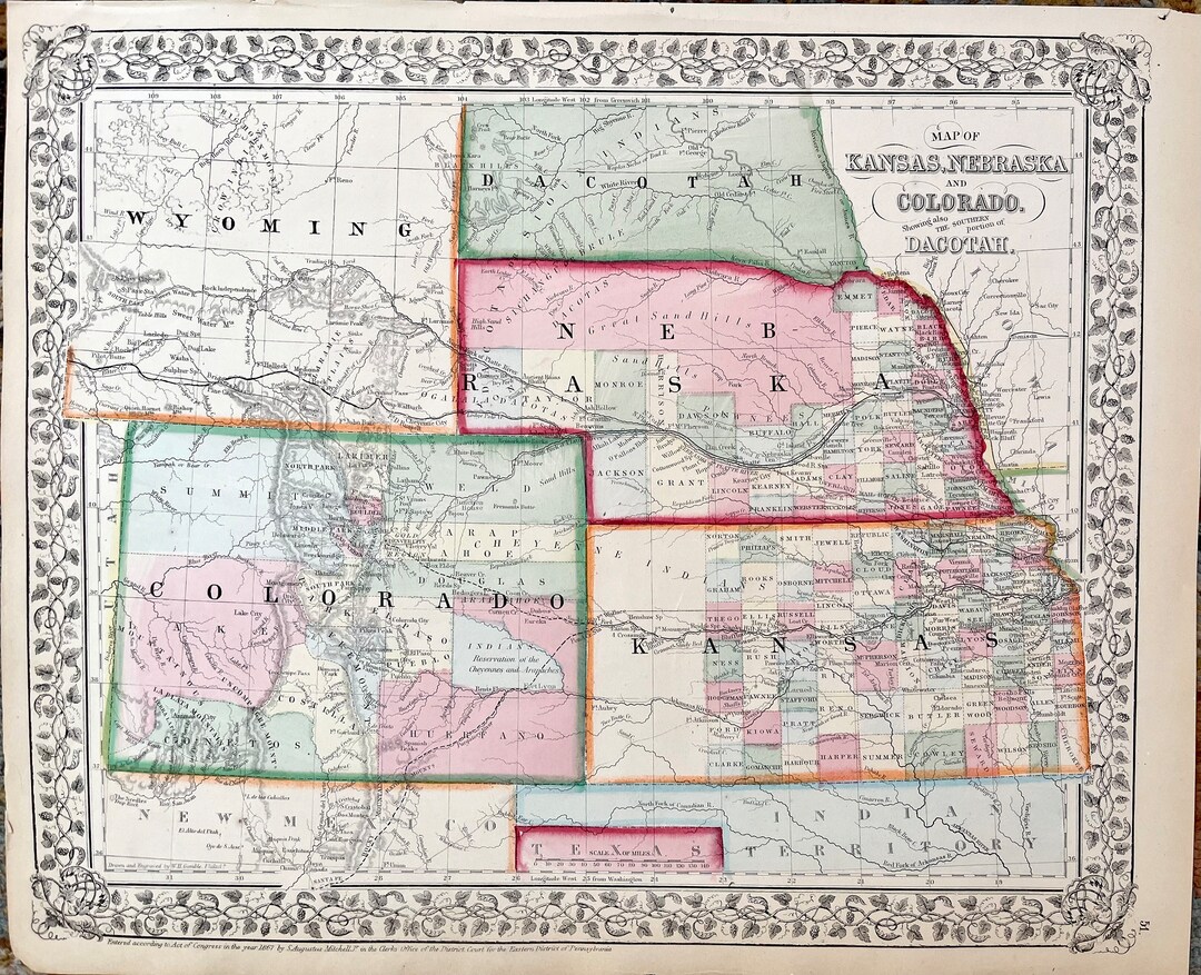 Colorado Map, Original 1867 Mitchells Atlas, Kansas, Dacotah, Nebraska ...