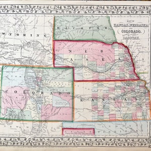 Colorado Map, Original 1867 Mitchells Atlas, Kansas, Dacotah, Nebraska ...