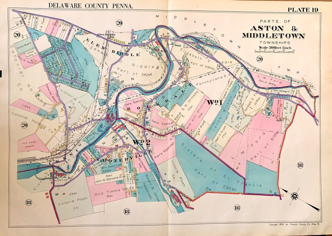 Aston Map, Original 1934 Delaware County, Middletown Township, Glen ...