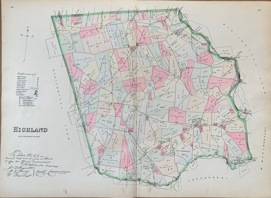 Highland Township Map, Original 1883 Chester County Pennsylvania Farm ...